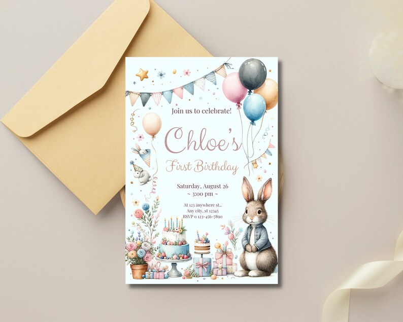 Watercolor Peter Rabbit First Birthday Invitation-printable Invite for ...