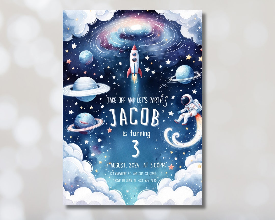 Galactic Birthday Invitation Blast off With Astronaut and Planets Theme ...