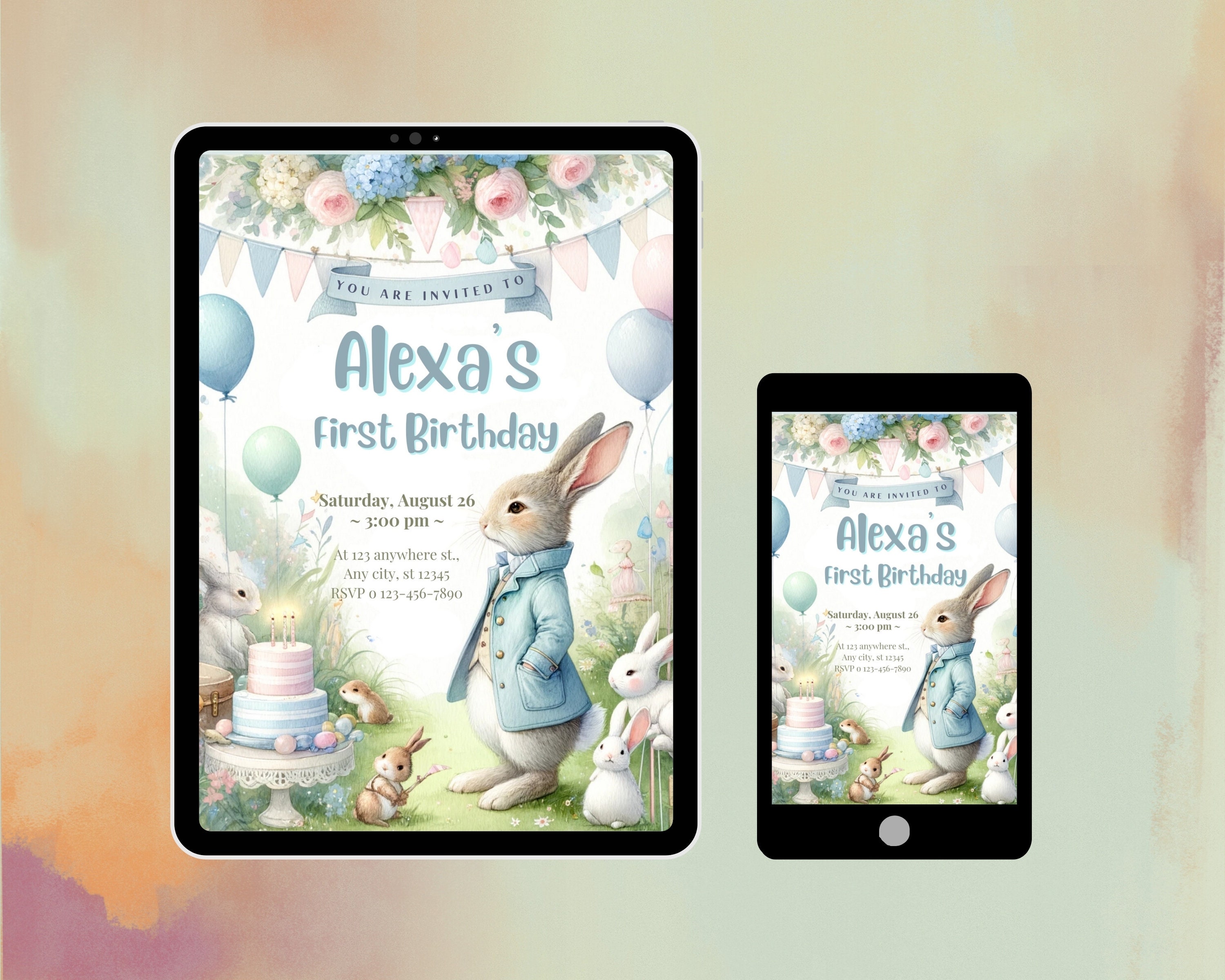 Watercolor Peter Rabbit First Birthday Invitation-printable Invite for ...