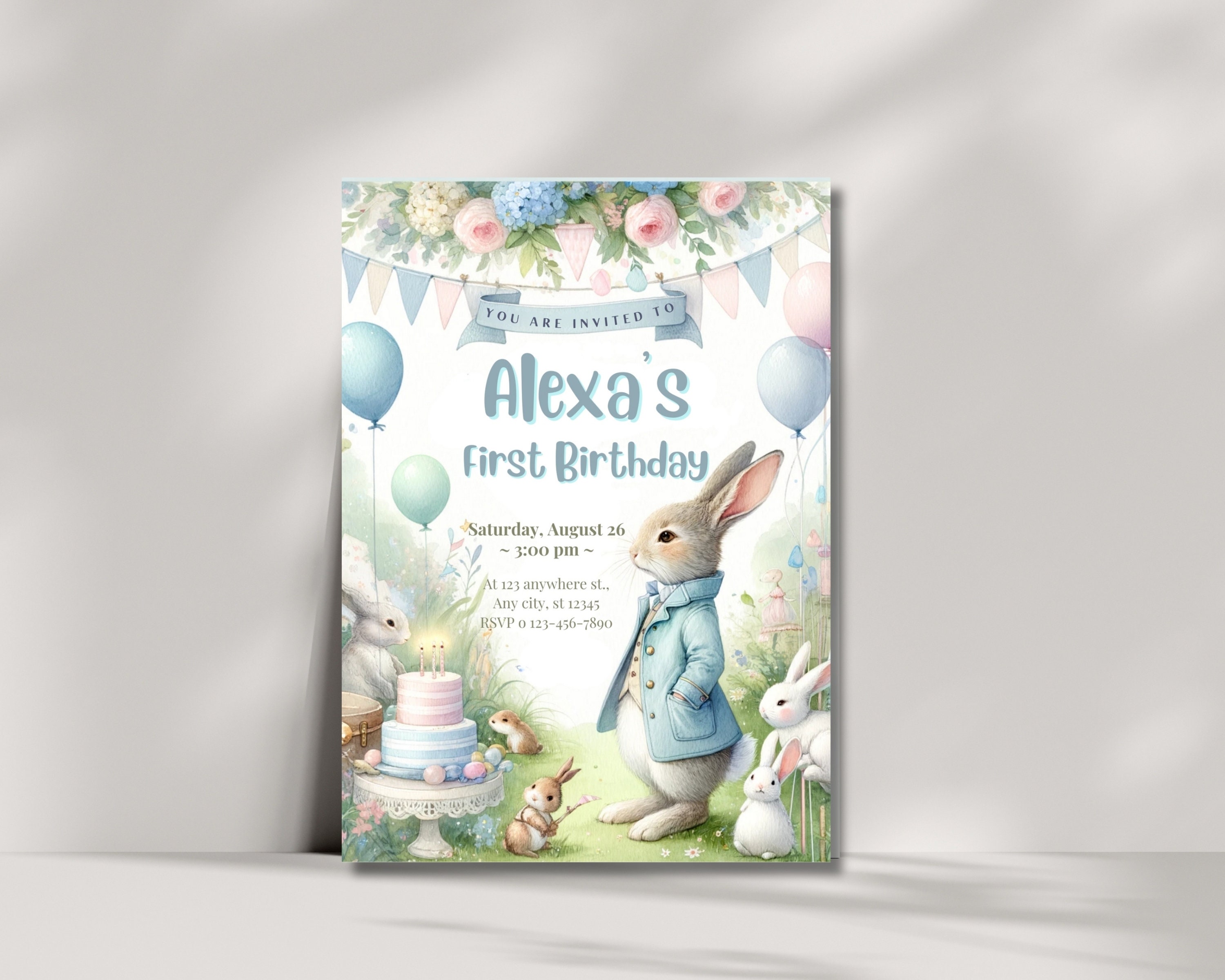 Watercolor Peter Rabbit First Birthday Invitation-printable Invite for ...