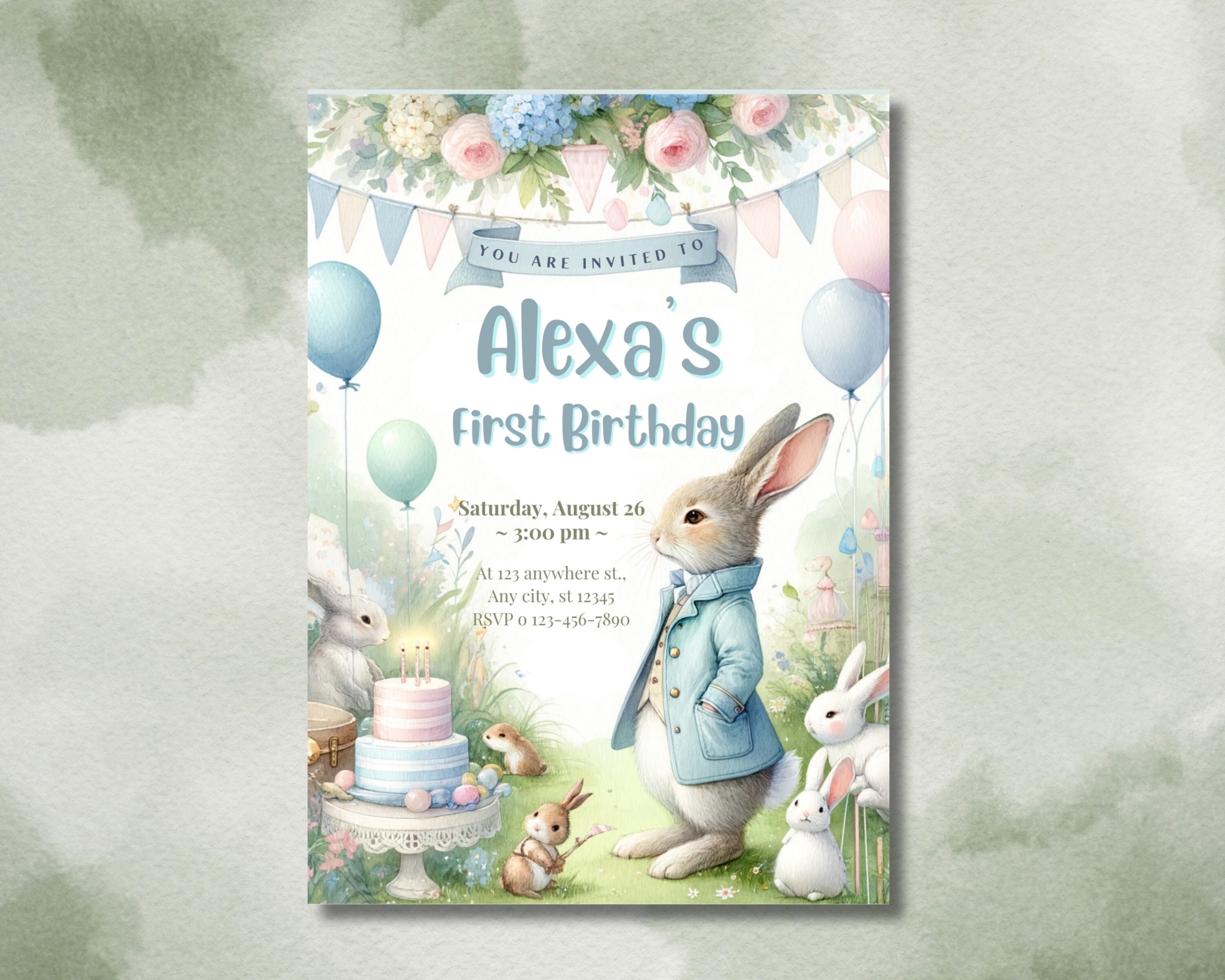 Watercolor Peter Rabbit First Birthday Invitation-printable Invite for ...