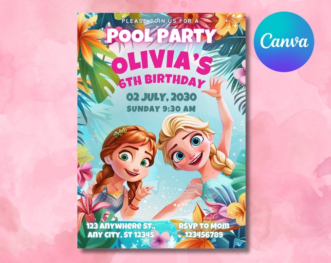 FROZEN Pool Party Elsa and Anna Birthday Invitation Summer Birthday ...