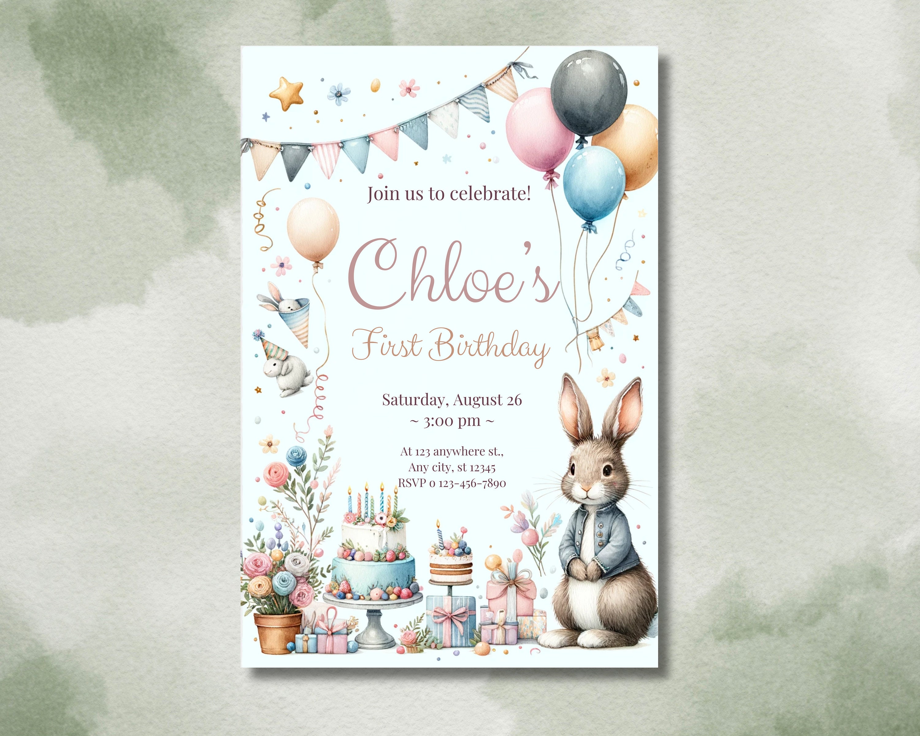 Watercolor Peter Rabbit First Birthday Invitation-printable Invite for ...