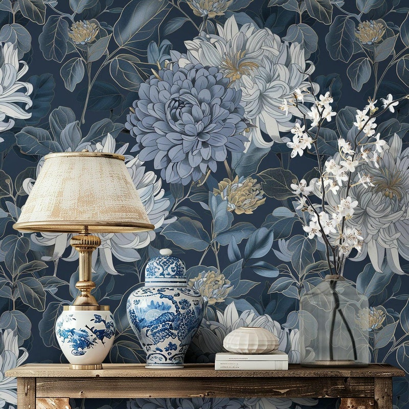 Blue Floral Wallpaper - Etsy