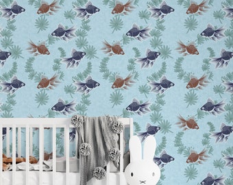 Childish Wallpaper With Fish, Kids Mural, Nursery Wallpaper, Peel ...