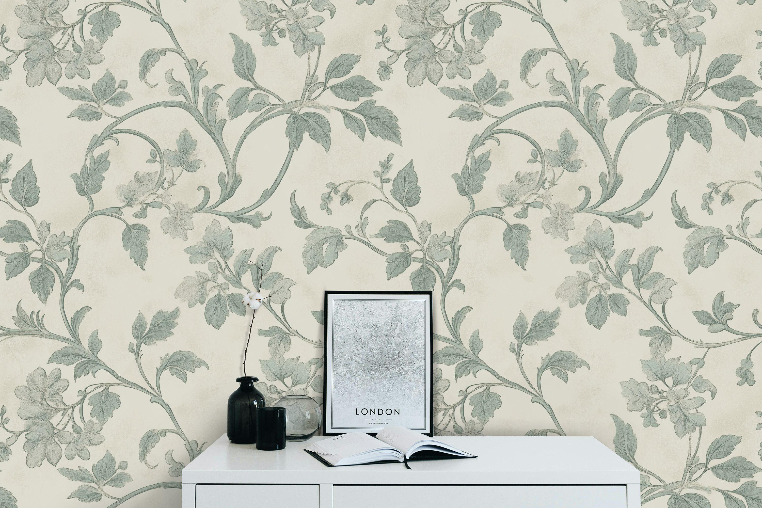 Elegant Sage Floral Scroll Wallpaper - Vintage Botanical Pattern ...