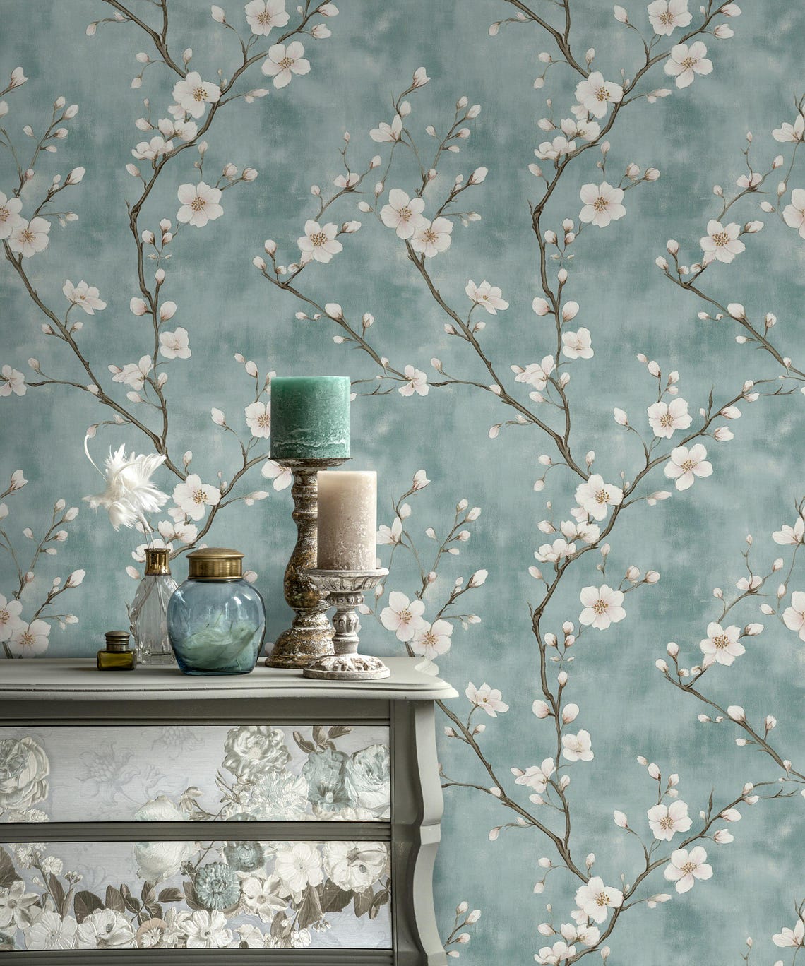 Chinoiserie Floral Wallpaper White Blossoms on Aqua Background Elegant ...