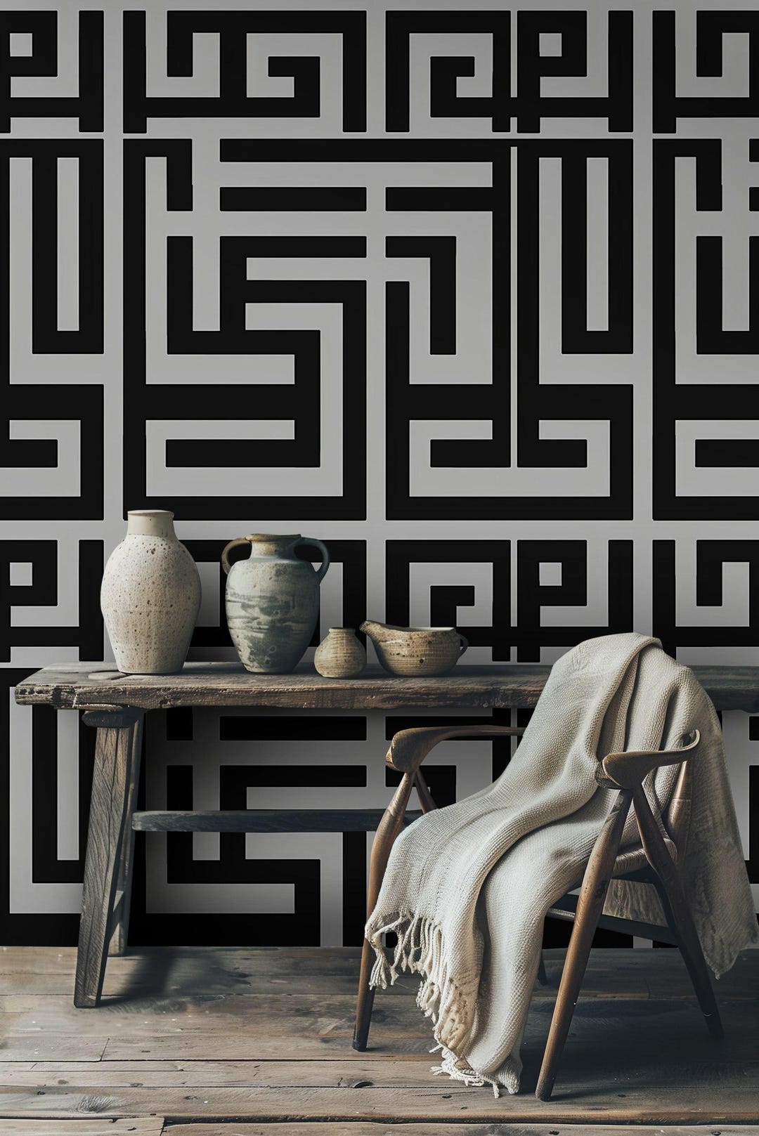 Modern Geometric Maze Pattern Wallpaper Peel and Stick Black and Gray ...