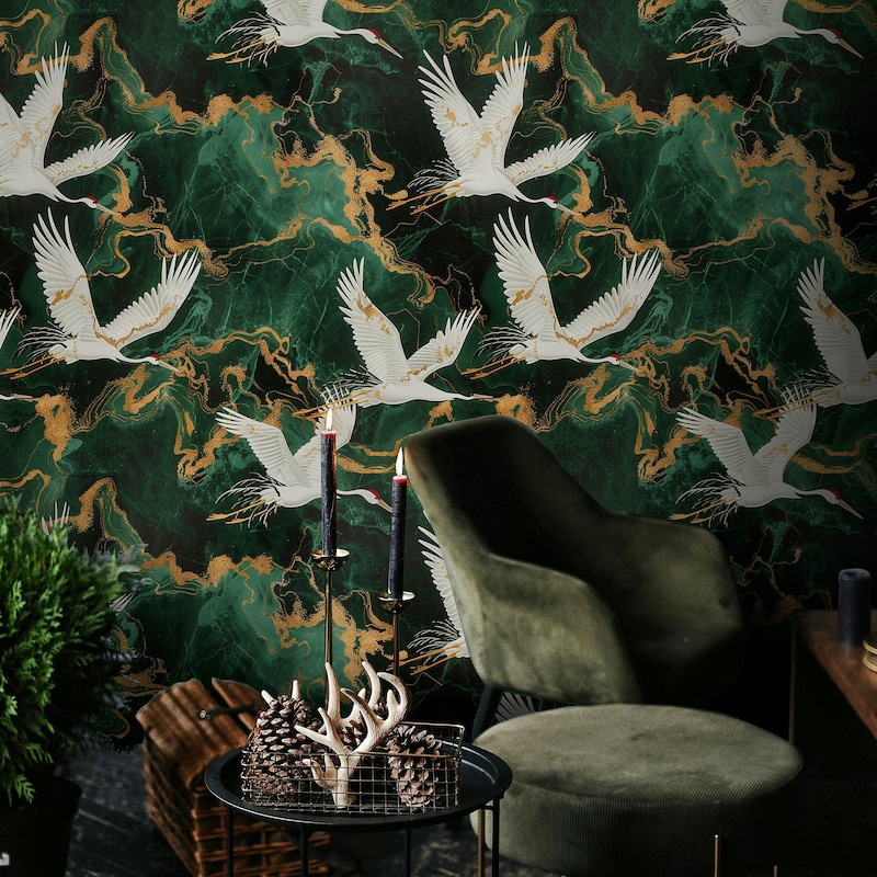 Crane Wallpaper Green - Etsy