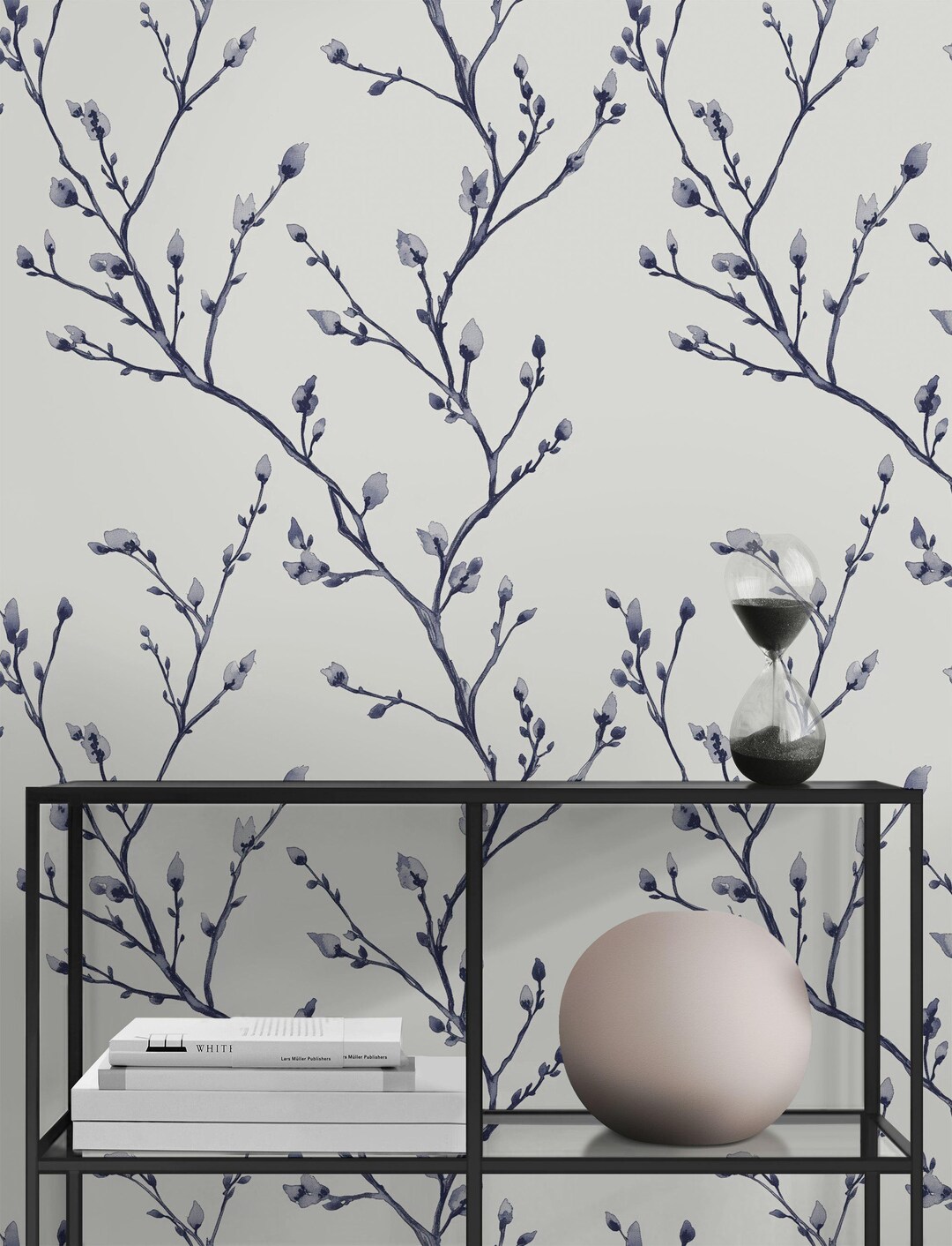 Minimalist Willow Branch Wallpaper Navy Blue Buds on White Background ...