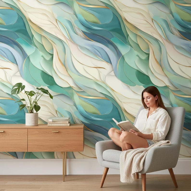 Abstract Wallpaper Modern Peel and Stick Teal Mural Elegant Wall Decor ...