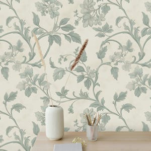 Elegant Sage Floral Scroll Wallpaper - Vintage Botanical Pattern ...