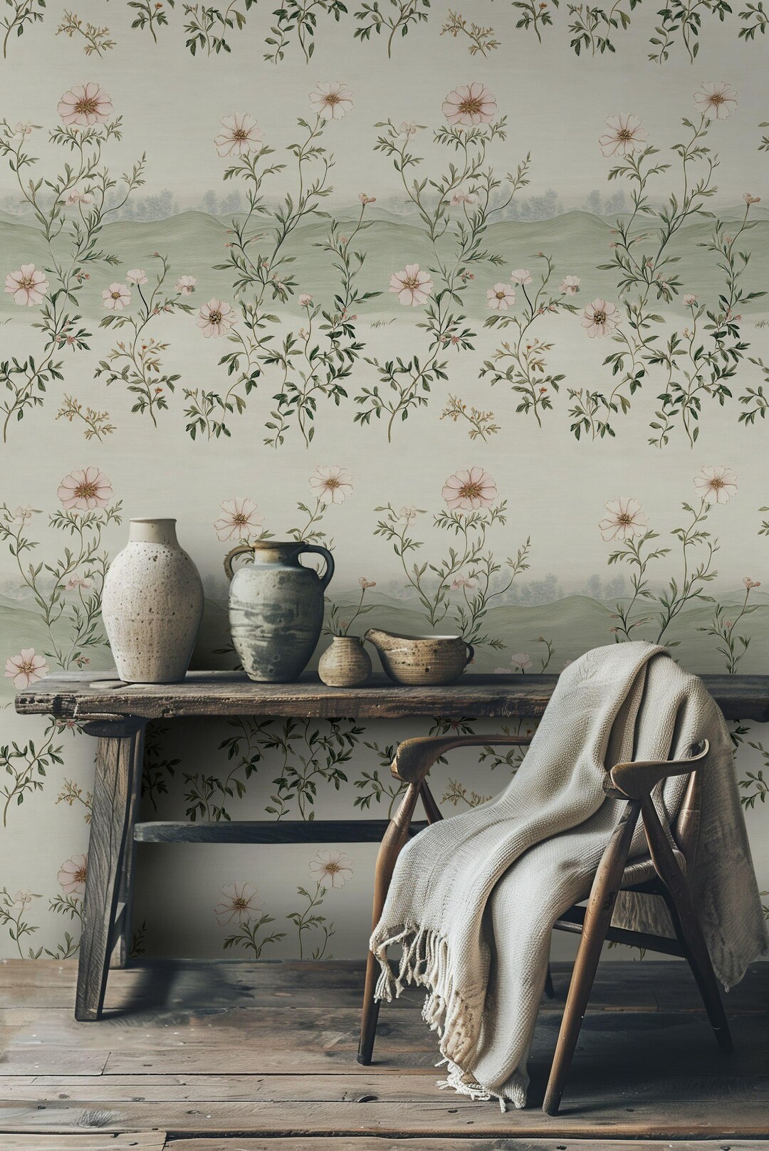 Vintage Floral Landscape Pattern Wallpaper Peel and Stick Pastel ...