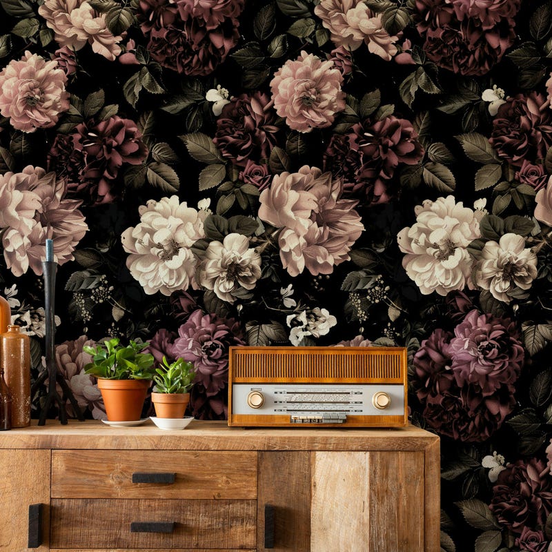 Wallpaper Floral Burgundy - Etsy