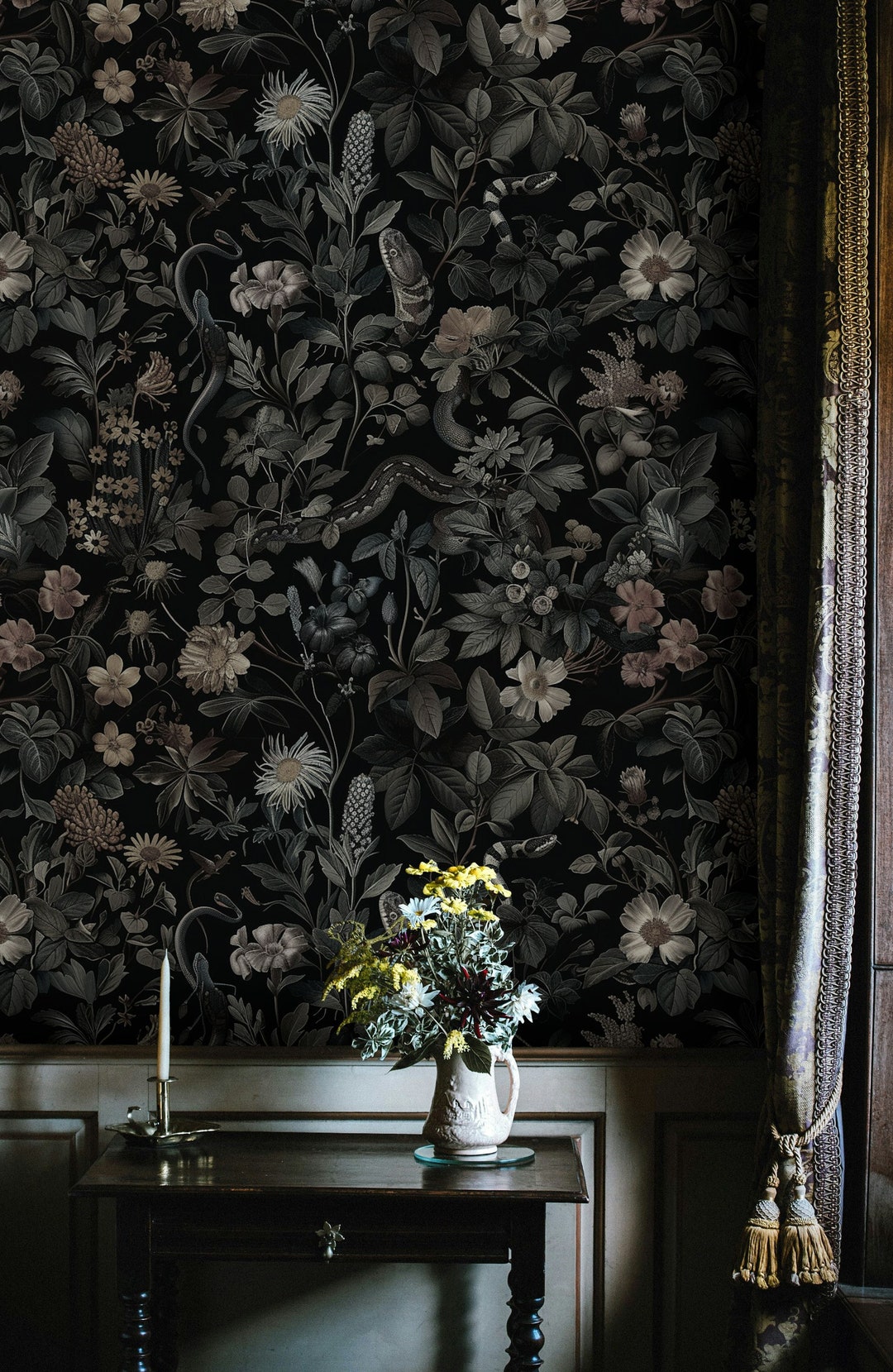 Dark Moody Floral Wallpaper - Lush Overgrown Pattern With Plants ...