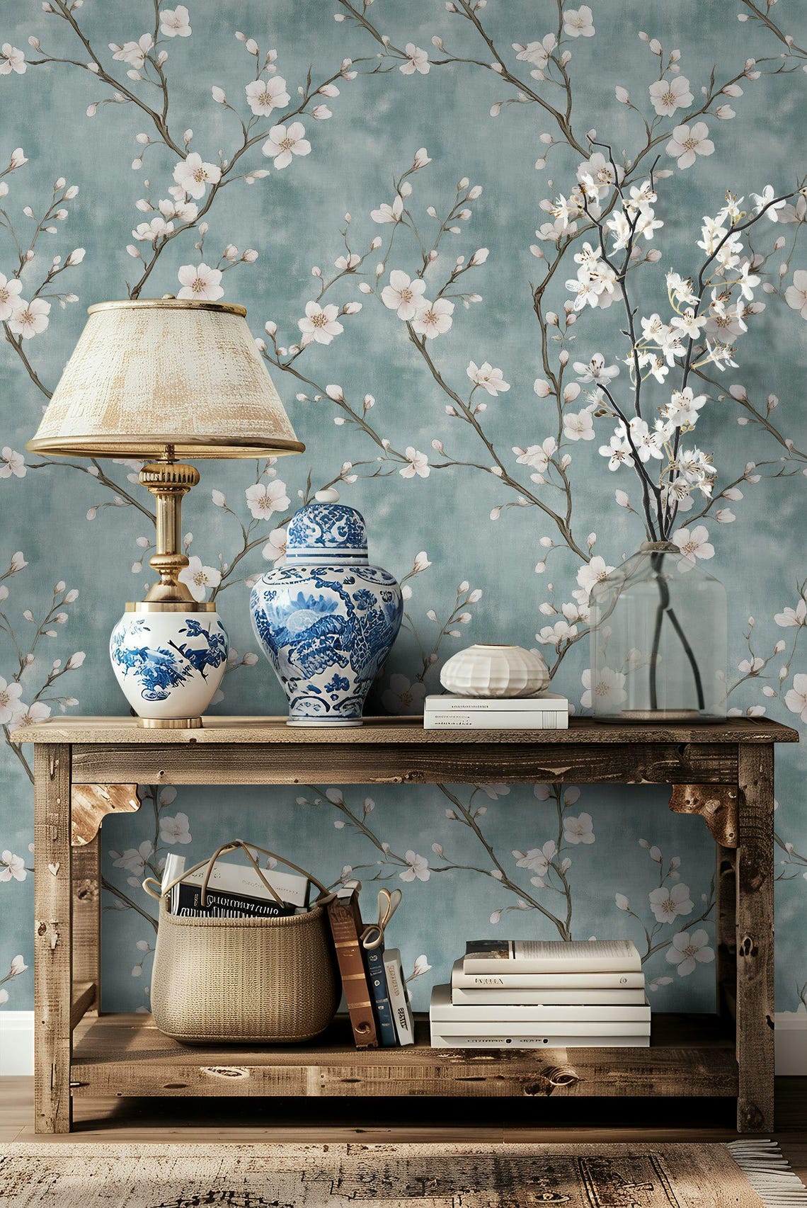 Chinoiserie Floral Wallpaper White Blossoms on Aqua Background Elegant ...