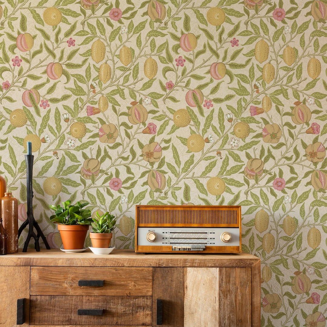 William Morris Fruit Wallpaper - Peaches on Cream, Coral on Turquoise ...