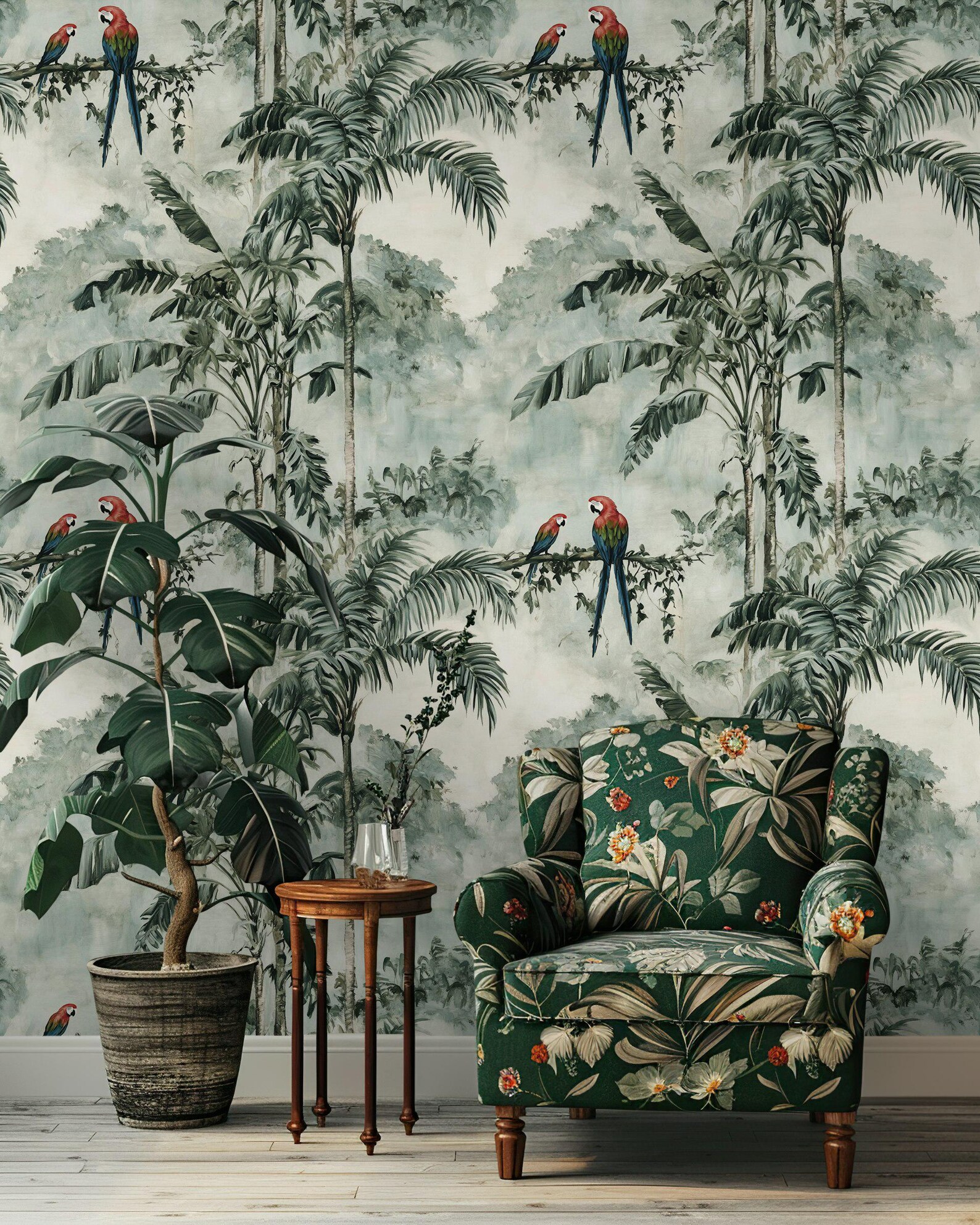 Exotic Green Jungle Parrots Wallpaper, Tropical Peel and Stick Mural ...
