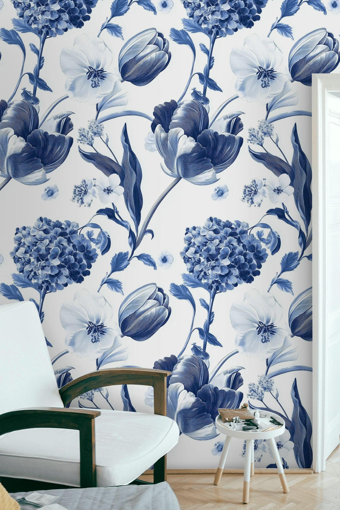Delft Blue Floral Wallpaper Timeless Elegance Modern Interiors - Etsy