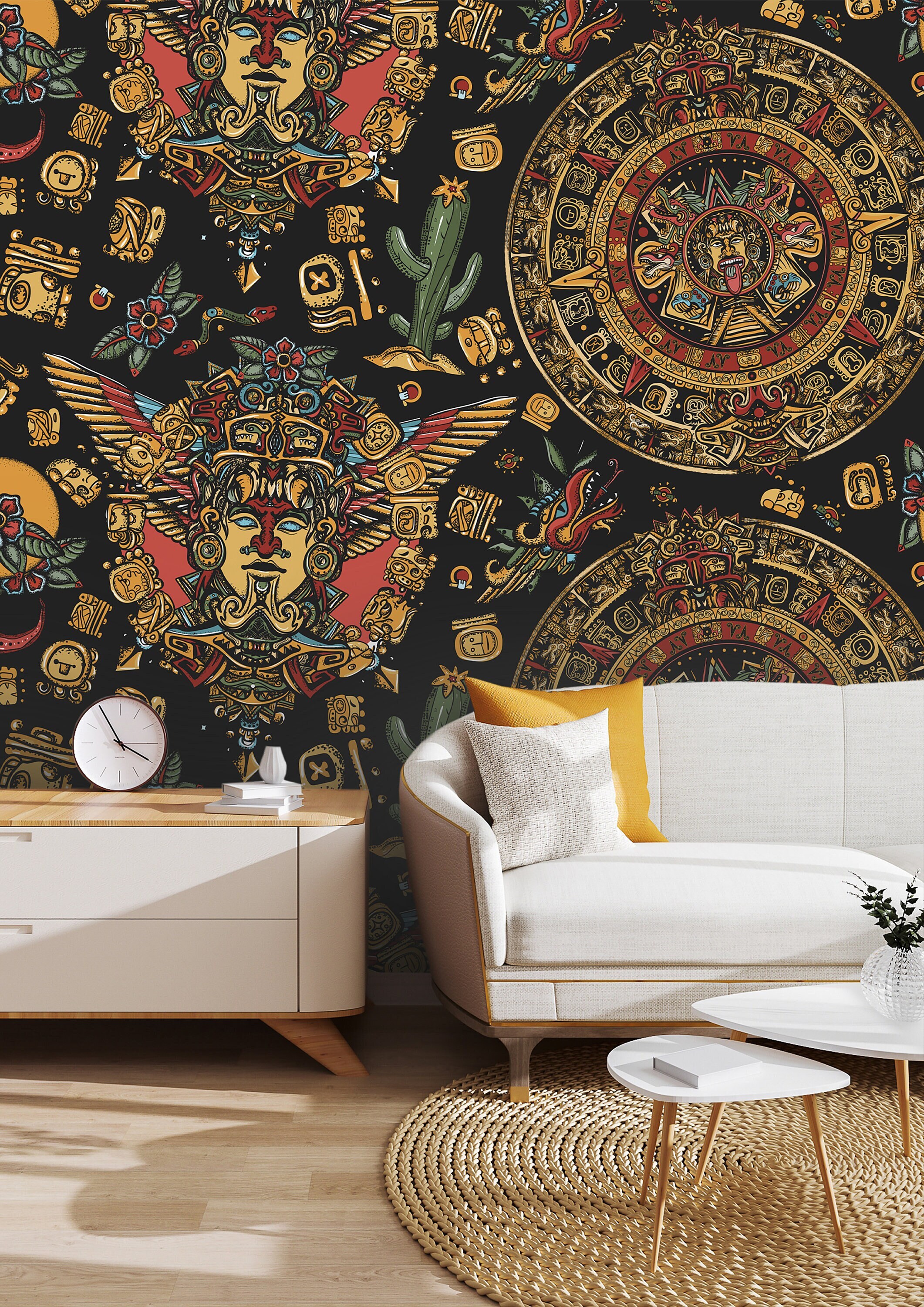 Aztec Sun Wallpaper Mayan Glyphs Peel and Stick Removable - Etsy