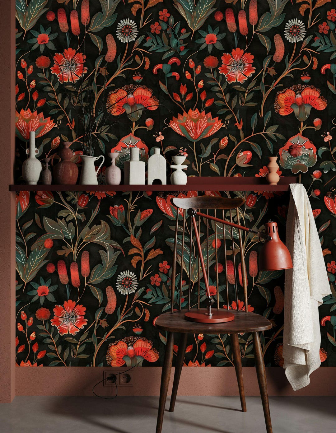 Bold Dark Red Floral Wallpaper Peel and Stick Black Background Vibrant ...