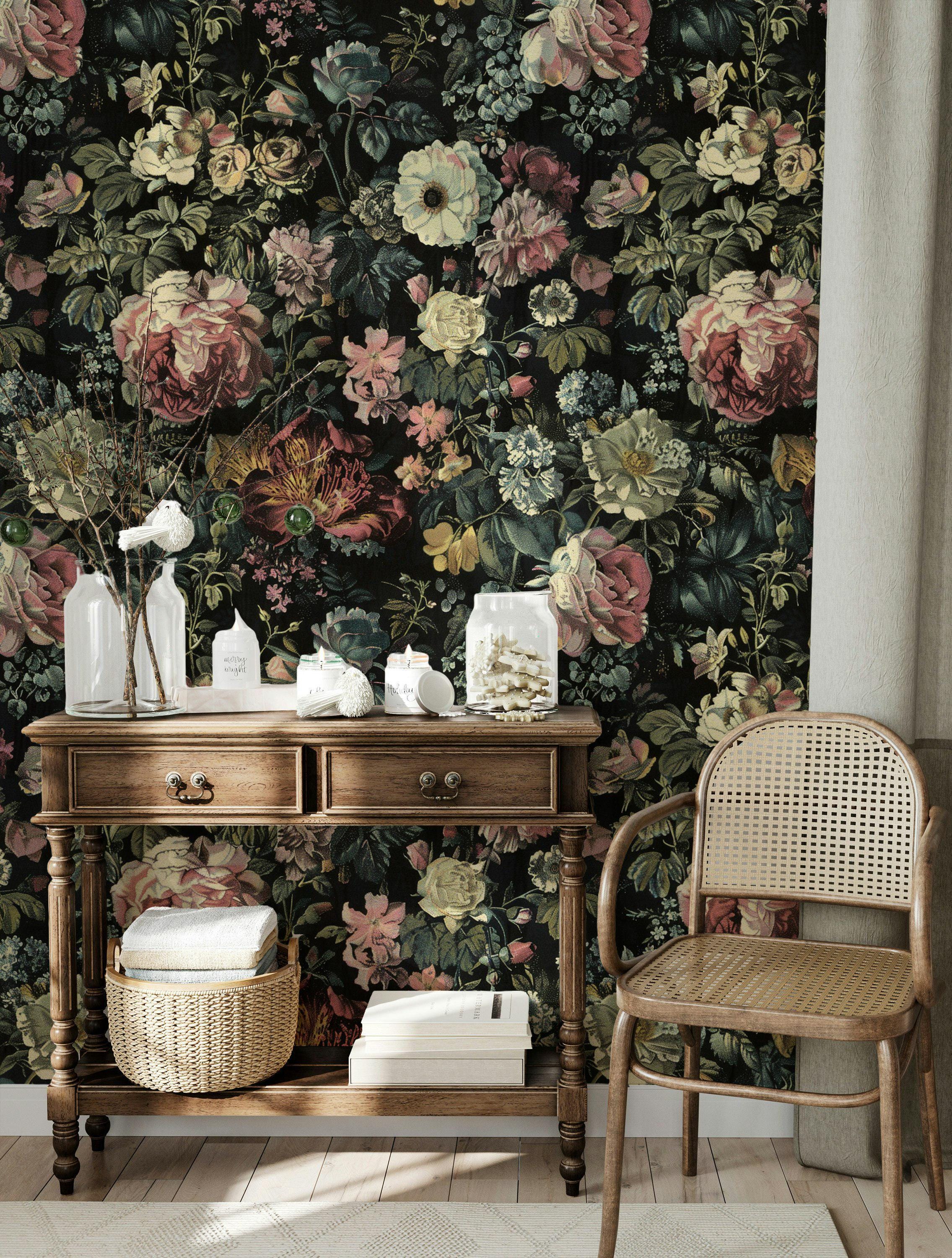 Dark Vintage Floral Wallpaper - Black Background, Vibrant Flowers ...