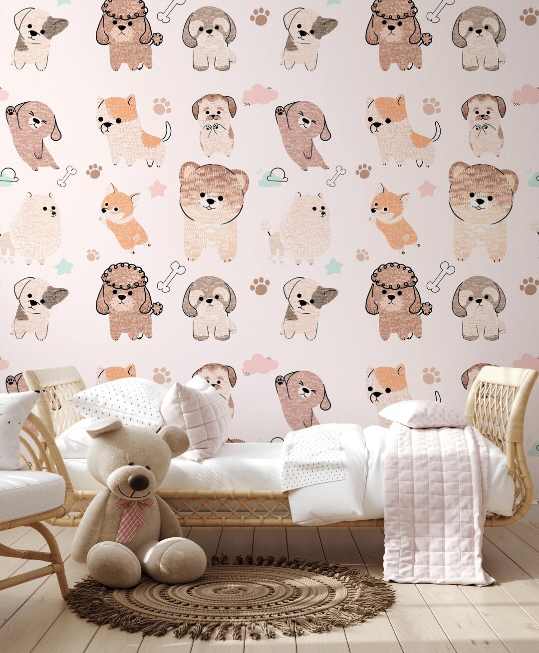 Cute Dogs Wallpaper Funny Pet Animals Peel and Stick Pink Background ...