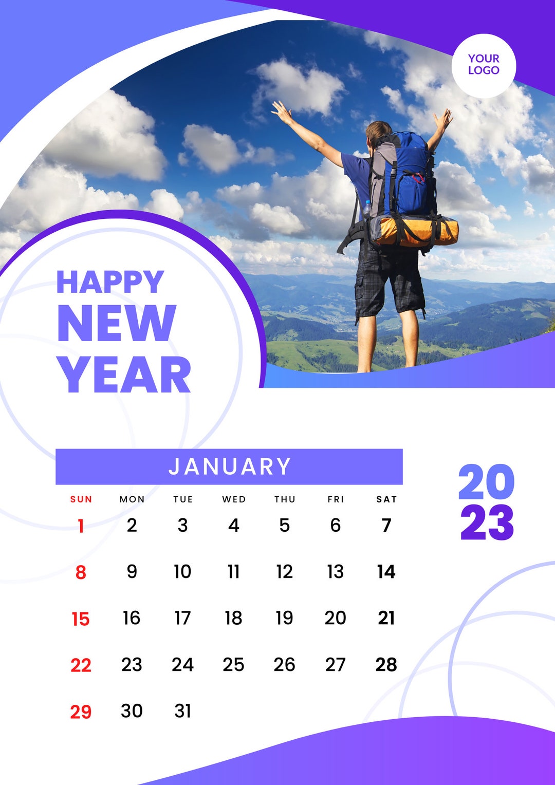 Purple Modern 2023 Calendar A3 Paper Printable Calendar January 2023 ...