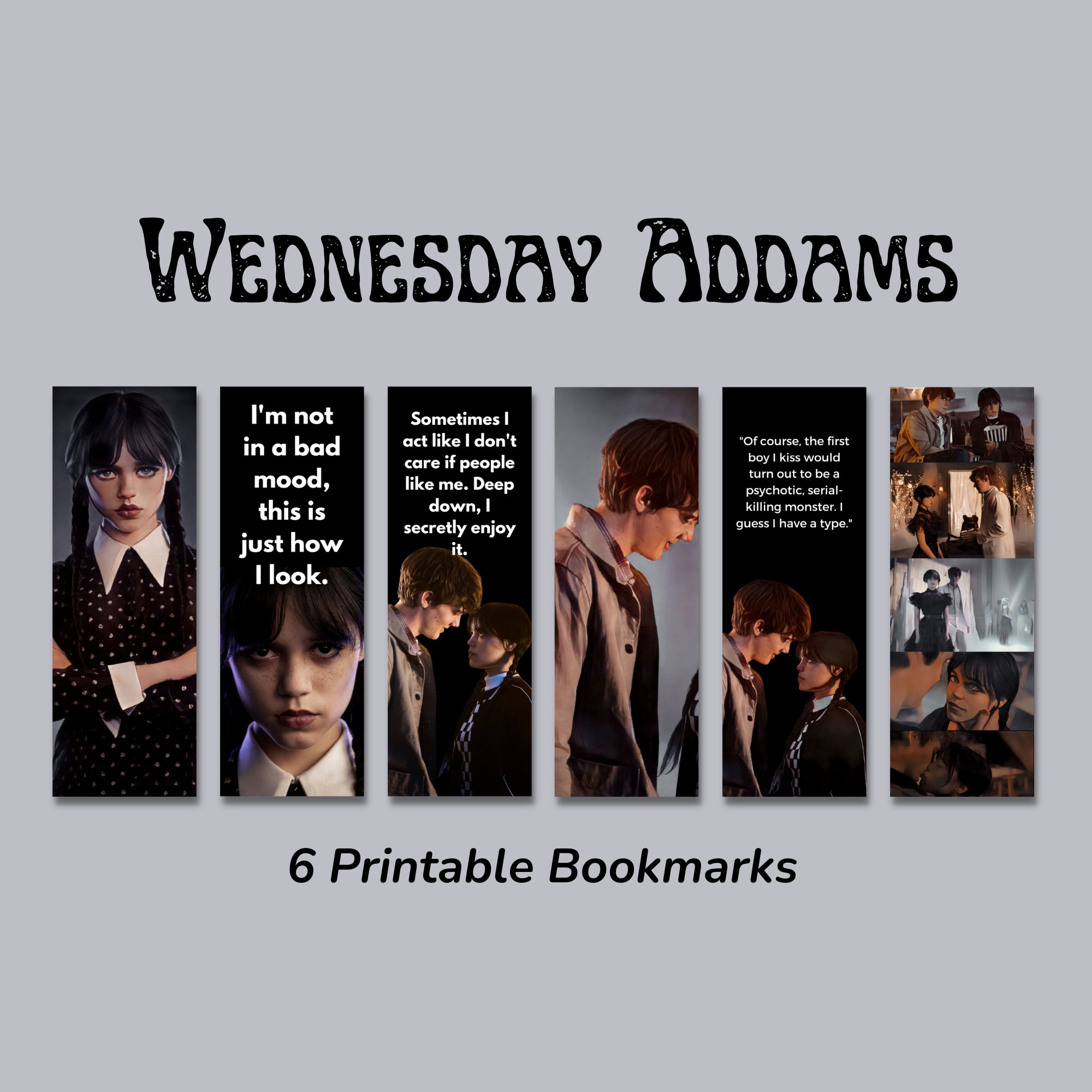 Set of Six Wednesday Addams Bookmarks, Goth Bookmarks, 6 Printable ...