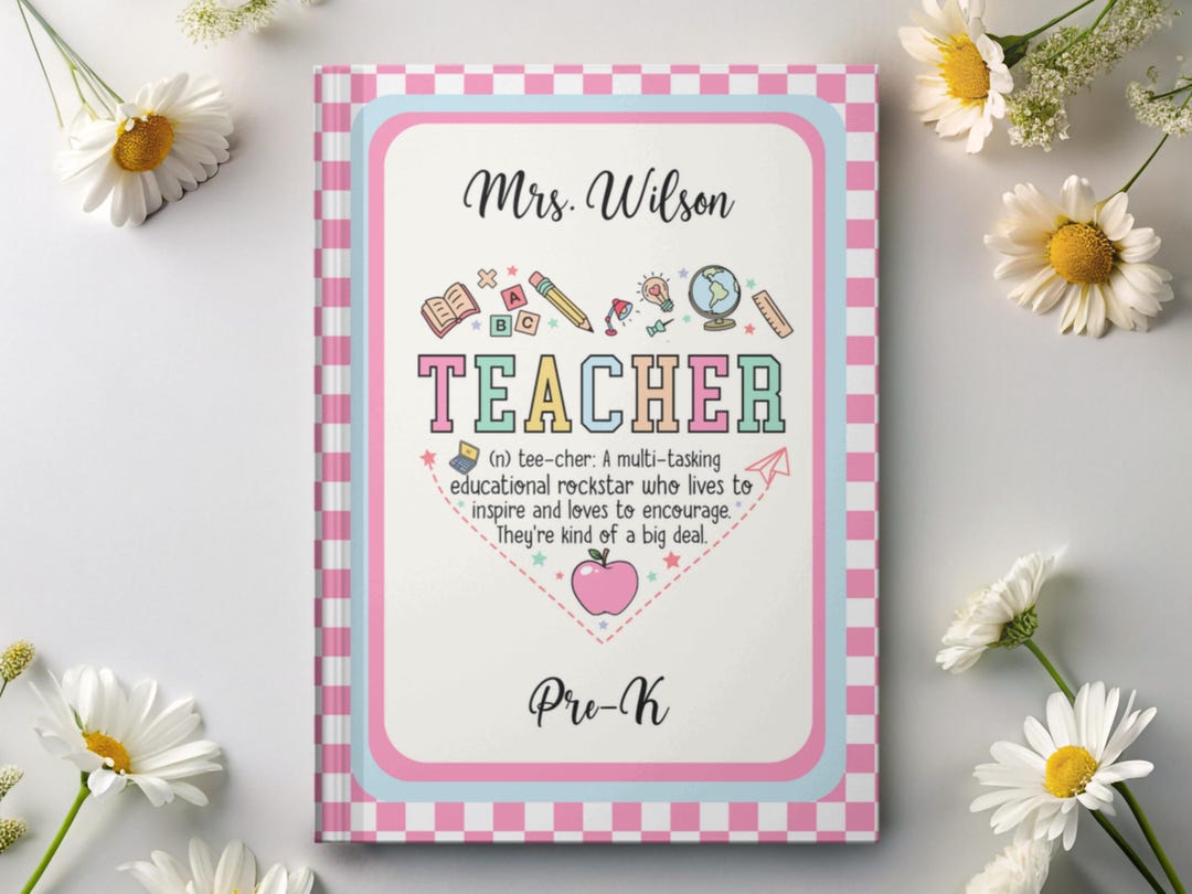 Personalized Retro Teacher Journal Custom Name Pink Checker Notebook ...
