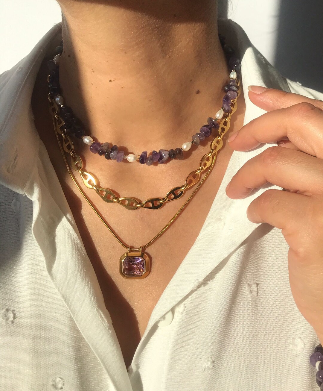 Pearl Detailed Original Amethyst 3-piece Necklace Set, Amethyst Pendant ...