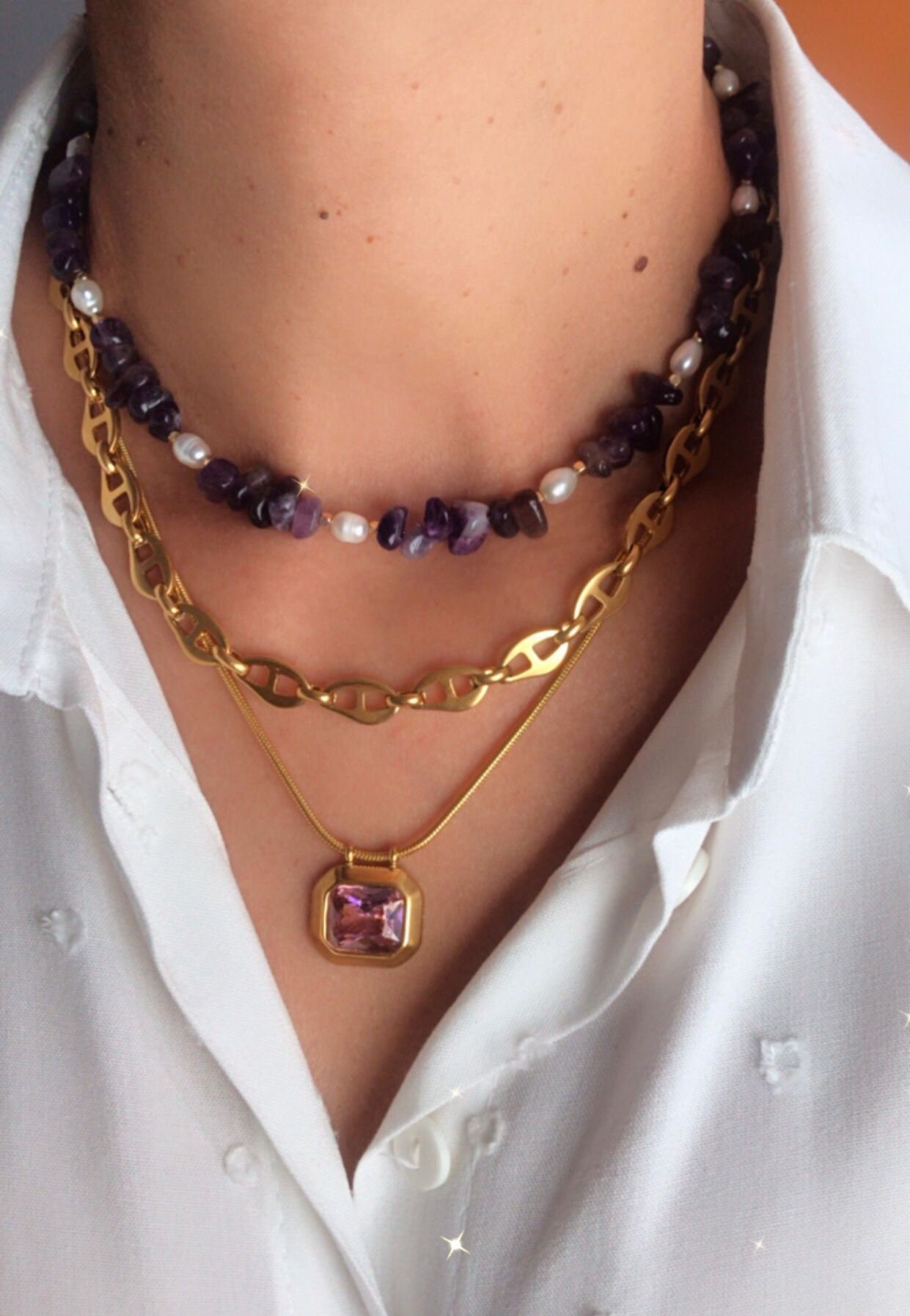 Pearl Detailed Original Amethyst 3-piece Necklace Set - Etsy