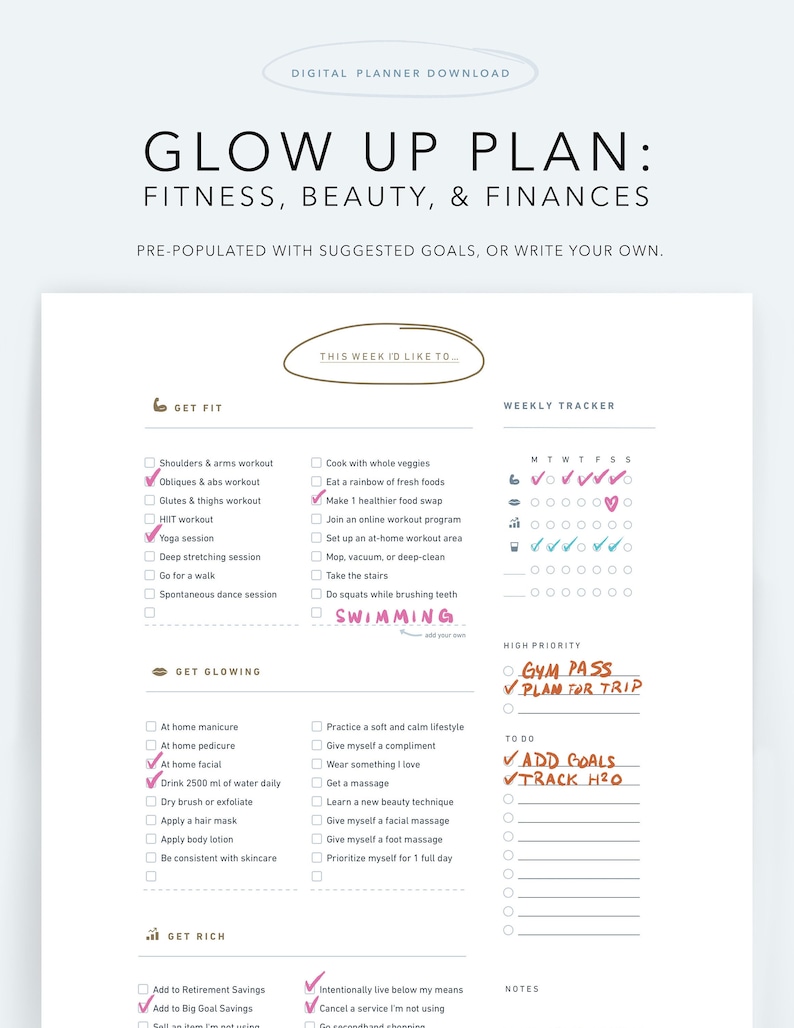 Printable Minimalist Glow up Planner: Get Fit, Pretty and Rich - PRE ...