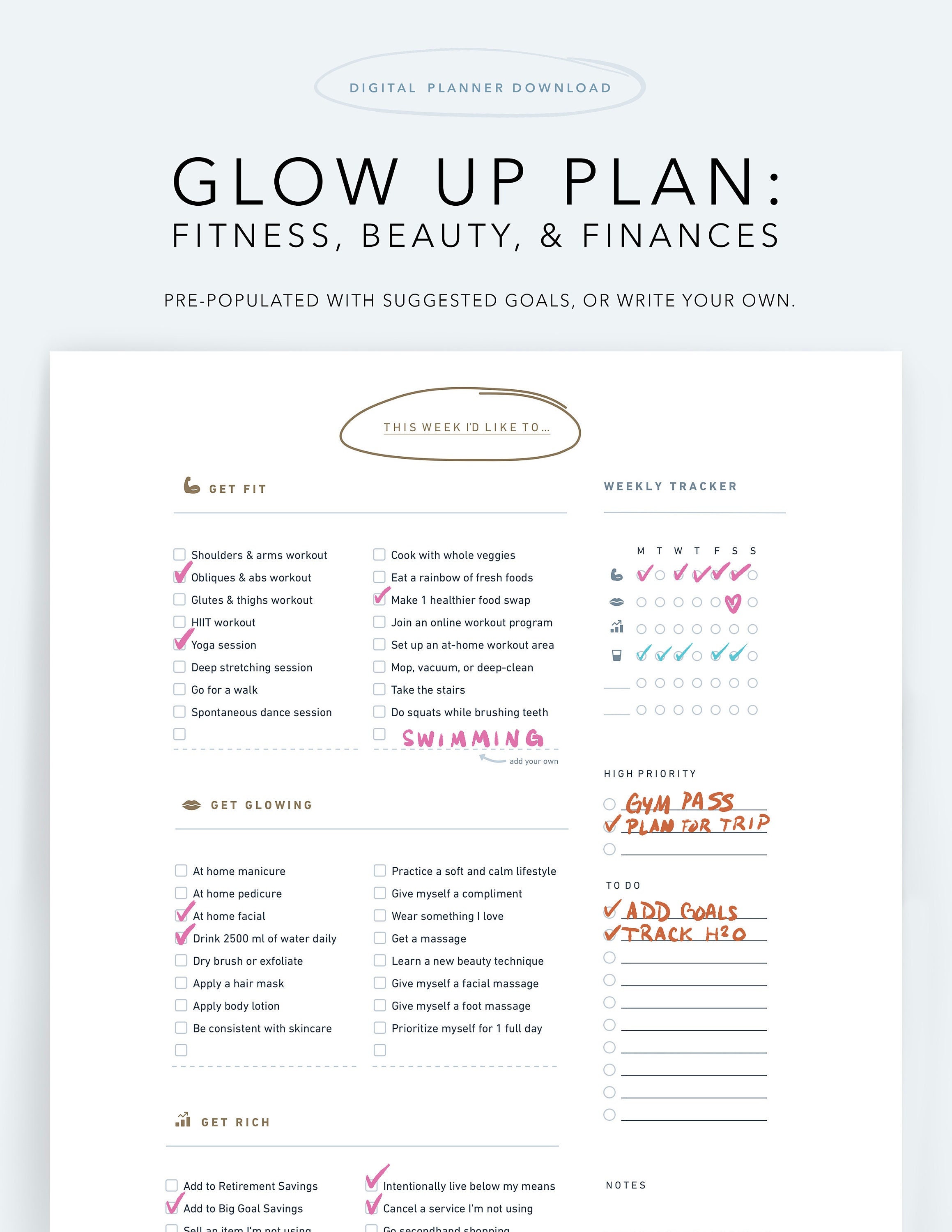 Printable Minimalist Glow up Planner: Get Fit, Pretty and Rich - PRE ...