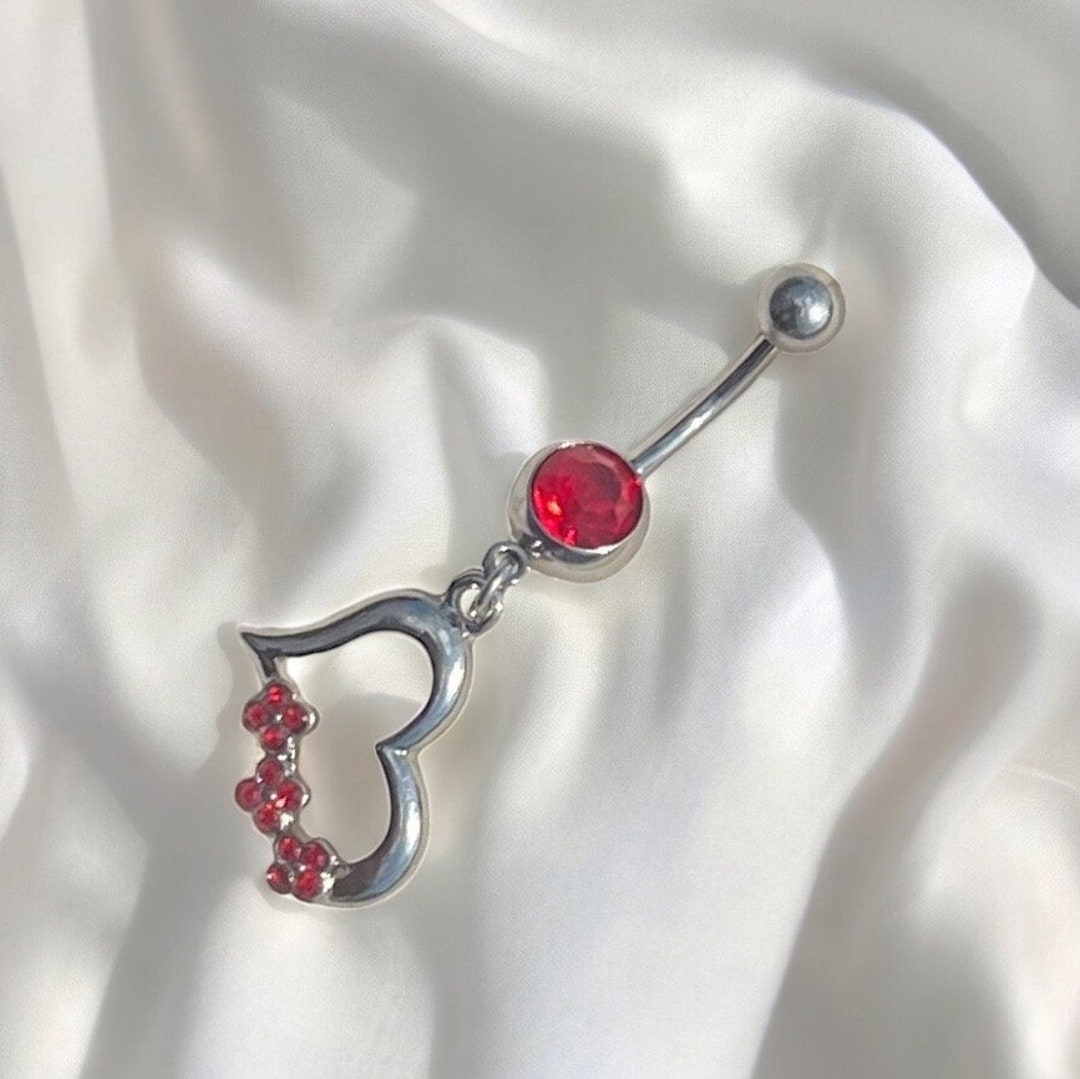 Y2k 00s Silver Bratz Inspired Red Dangling Diamond Rhinestone Heart Belly Button Piercing Bar ...