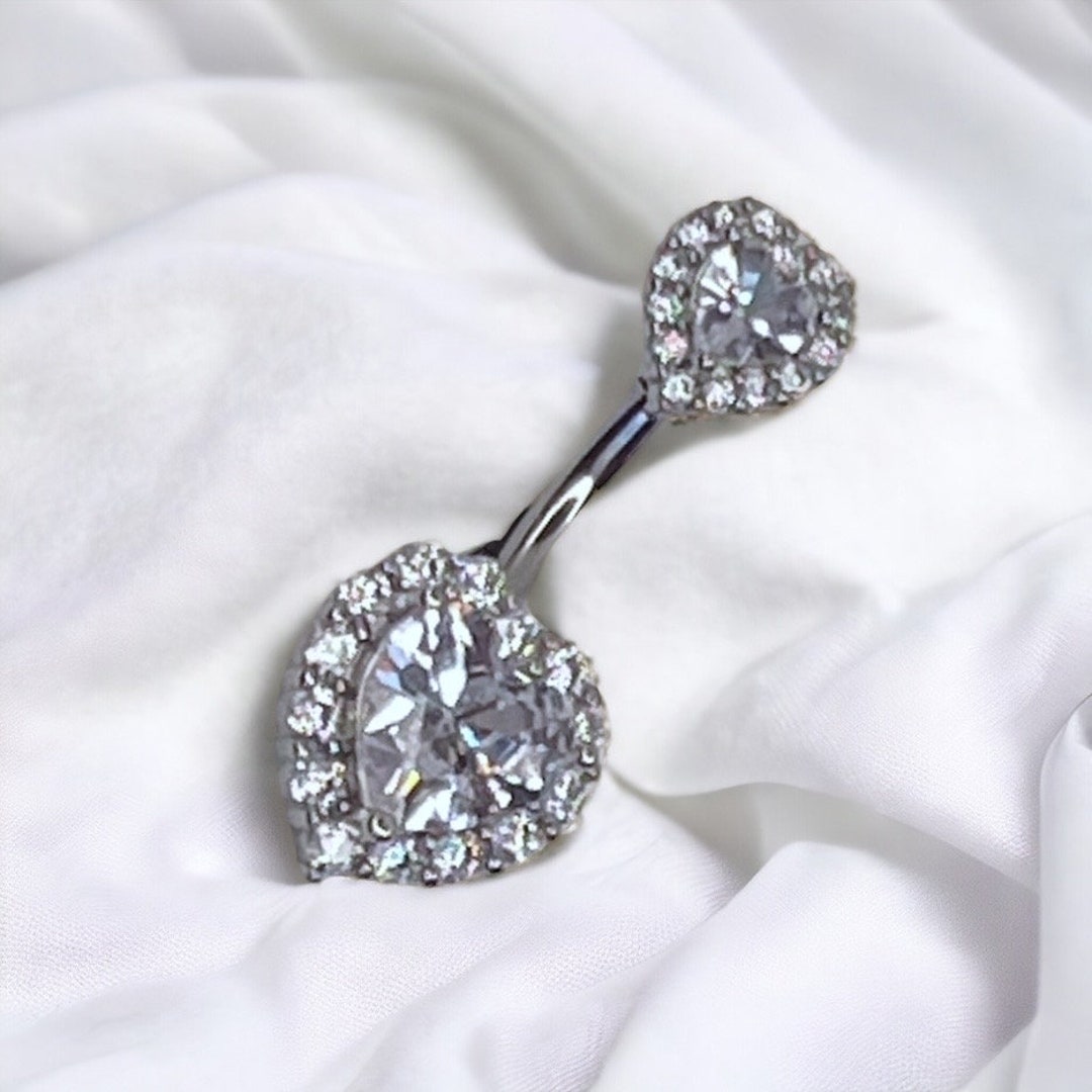 Y2k 2000s Silver Bratz Inspired Diamond Rhinestone Heart Belly Button Piercing Bar Ring Body ...