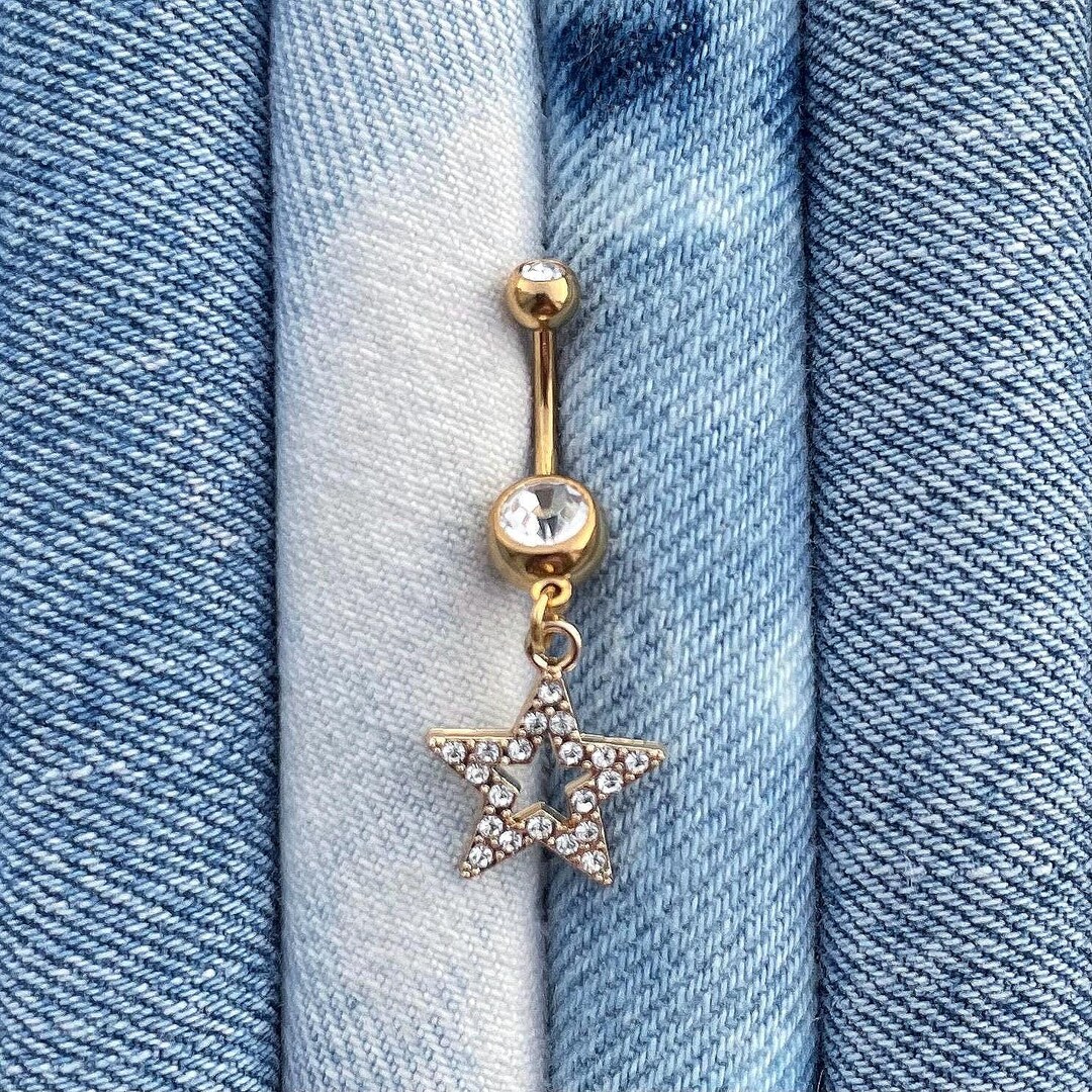 Gold Star Belly Ring – Dangle Belly Button Ring - Punk Belly Piercing ...