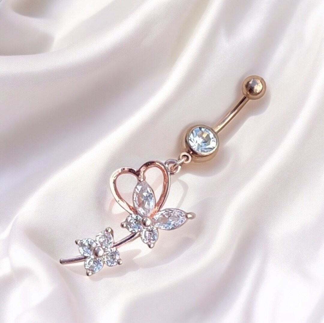 Y2k 2000s Silver Bratz Inspired Rose Gold Diamond Rhinestone Butterfly Heart Dangling Belly ...