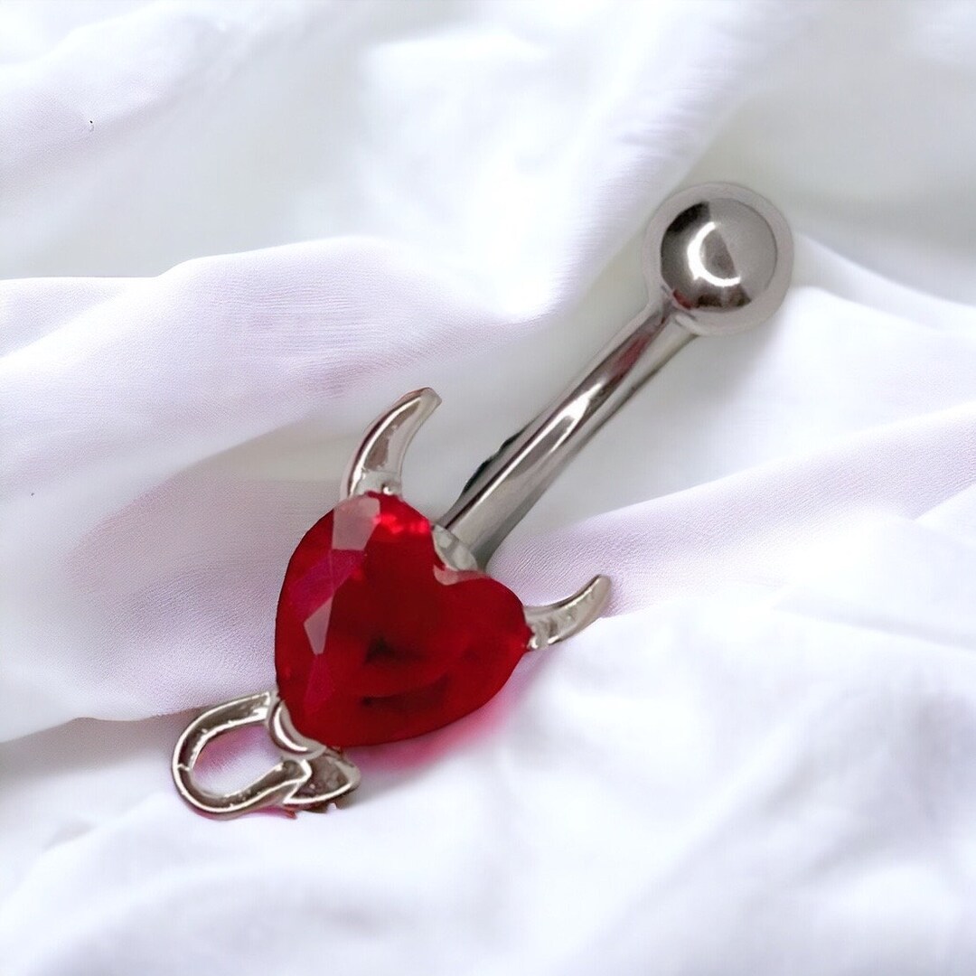 Y2k 2000s Silver Bratz Inspired Diamond Rhinestone Red Devil Heart Belly Button Piercing Bar ...