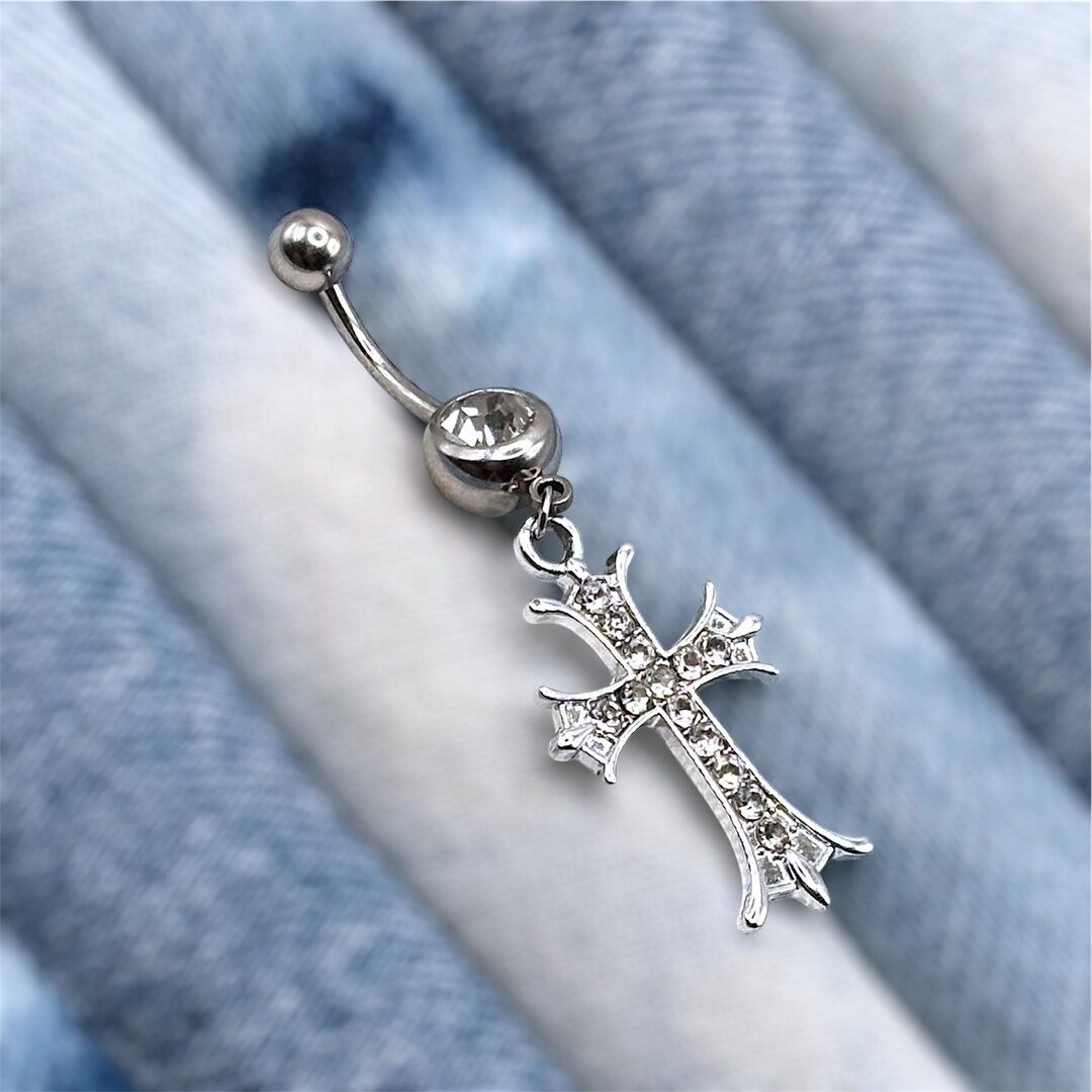 Y2k 2000s Silver Bratz Inspired Silver Diamond Rhinestone Cross Dangling Belly Button Piercing ...