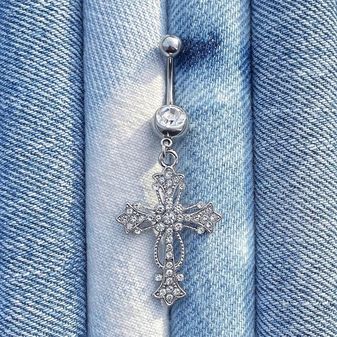 Y2k 2000s Silver Bratz Inspired Silver Diamond Rhinestone Cross Dangling Belly Button Piercing ...