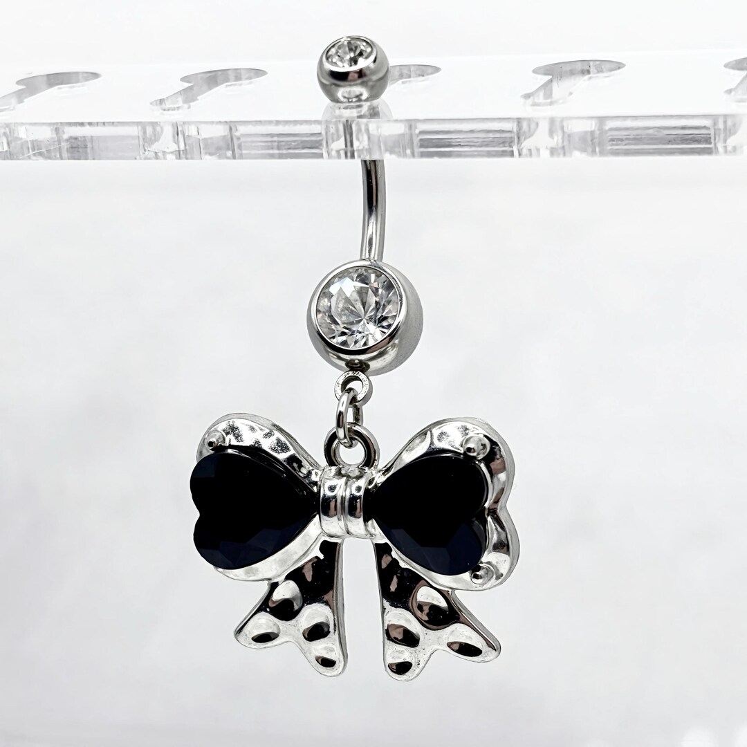 Black Bow Belly Ring – Dangle Belly Button Ring – Goth Belly Piercing ...