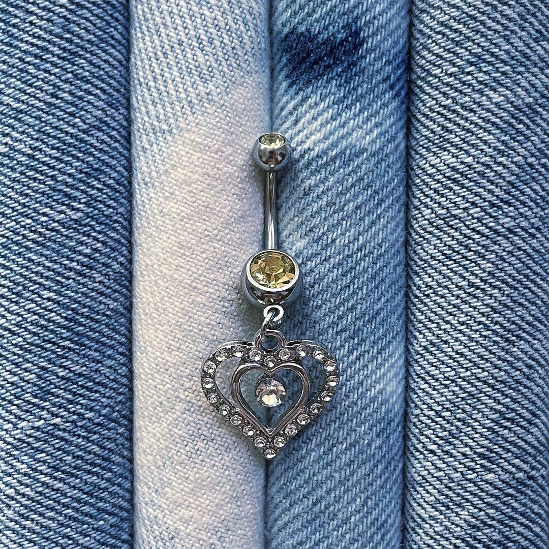 Y2k 2000s Silver Bratz Inspired Diamond Rhinestone Heart Belly Button Piercing Belly Bar Ring ...