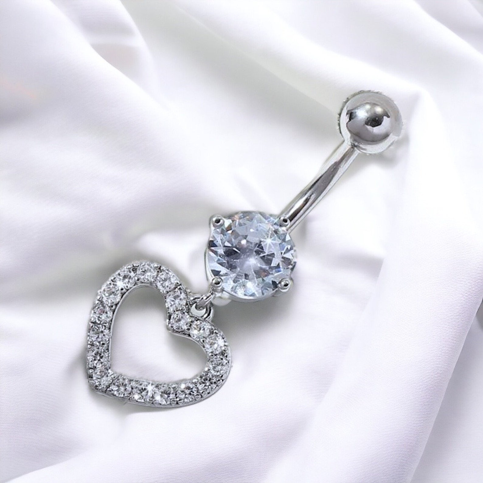 Y2k 2000s Silver Bratz Inspired Diamond Rhinestone Heart Belly Button Piercing Belly Bar Ring ...