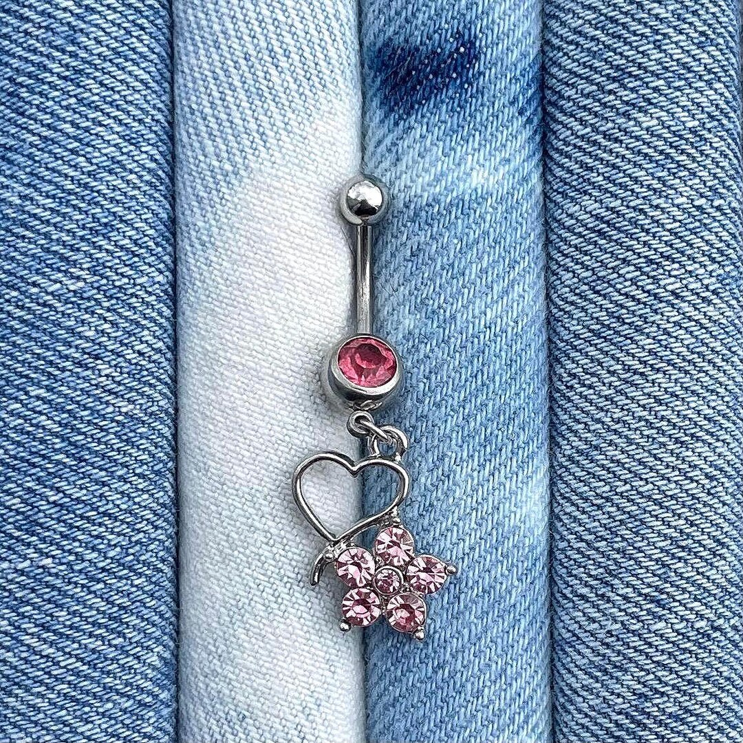 Y2k 2000s Silver Bratz Inspired Pink Silver Diamond Rhinestone Dangling Heart Flower Diamond ...