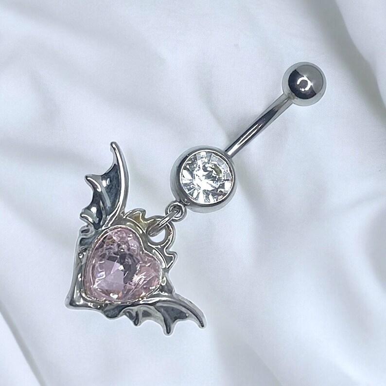 Y2k 2000s Silver Bratz Inspired Diamond Rhinestone Pink Dangling Heart Wing Belly Button ...
