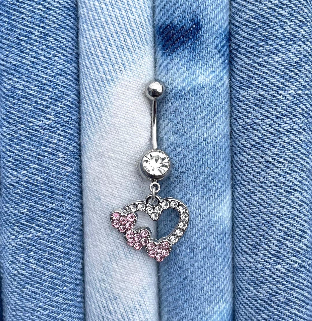 Y2k 2000s Silver Bratz Inspired Diamond Rhinestone Pink Heart Belly Button Piercing Bar Navel ...