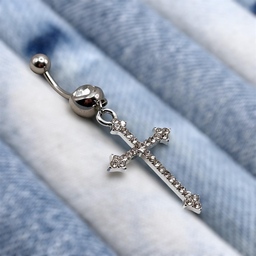 Silver Cross Belly Ring – Dangle Belly Button Ring - Punk Belly ...