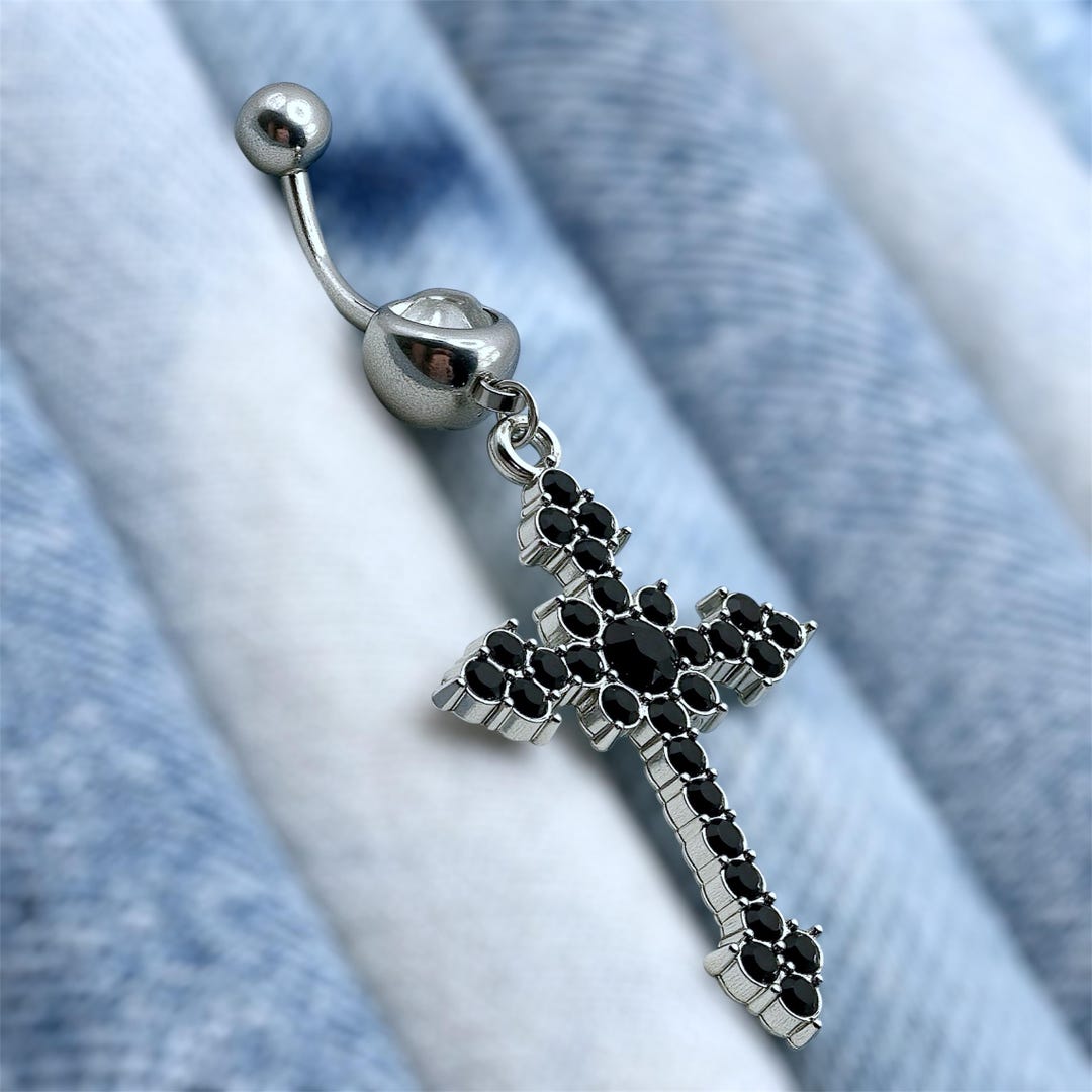 Black Cross Belly Ring – Dangle Belly Button Ring - Punk Belly Piercing ...