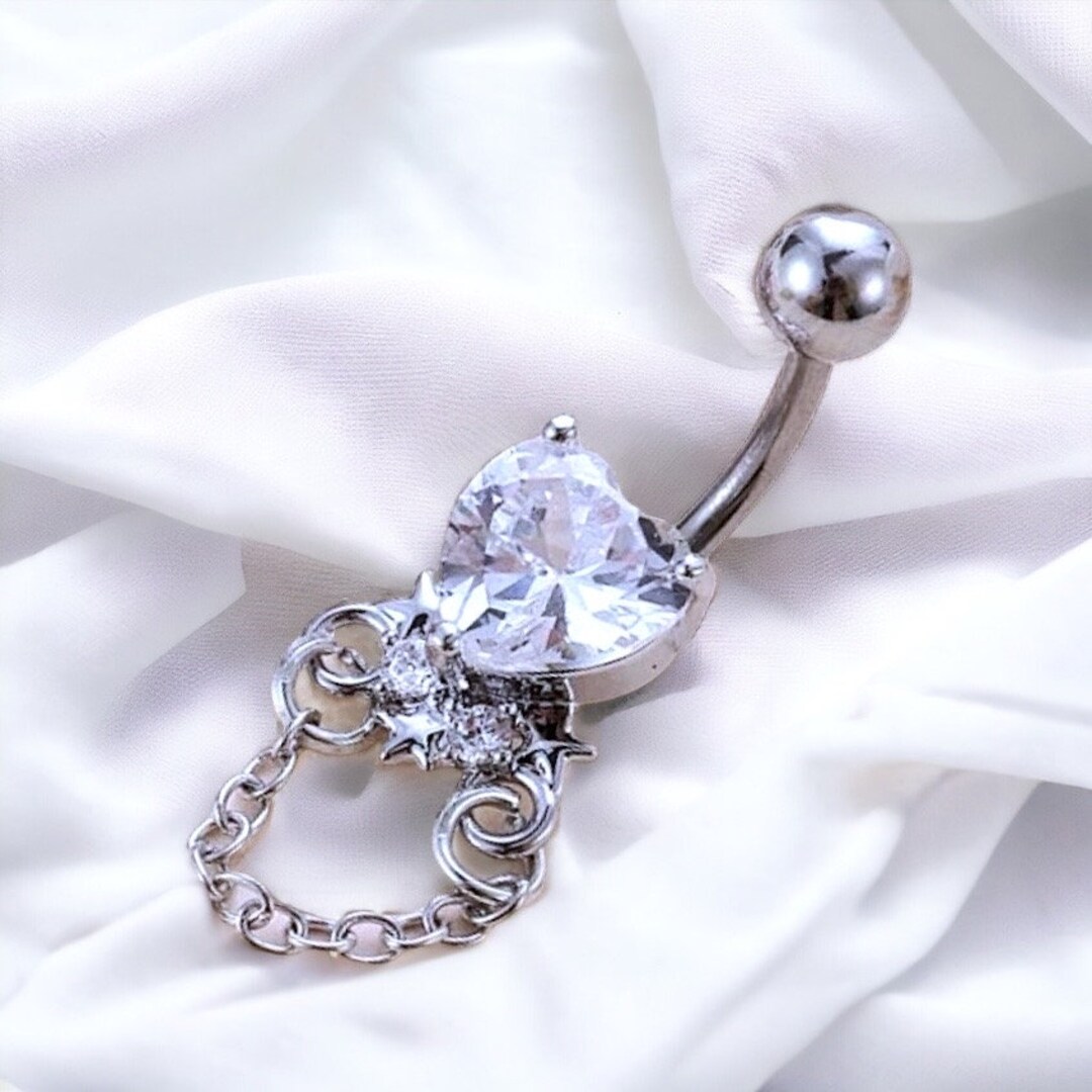 Y2k 2000s Silver Bratz Inspired Diamond Rhinestone Dangling Heart Chain Belly Button Piercing ...